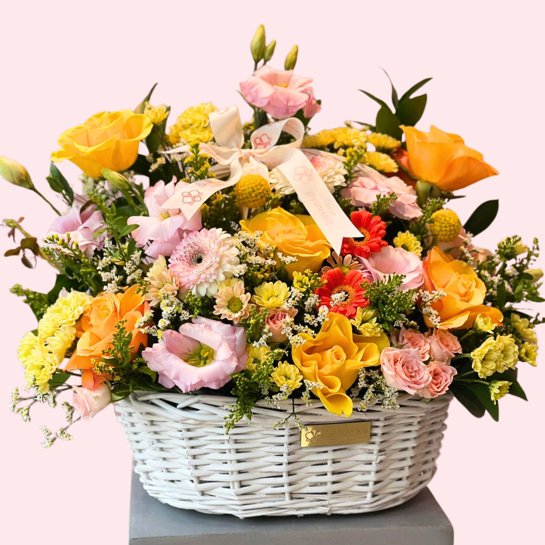 Cheerful Basket Blooms – Danaya's Flowers, Chocolates & Gifts